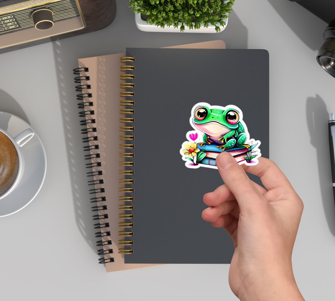 Fat Frog Sticker for Book Lover, Kawaii Frog on Books With Wild Flowers ...