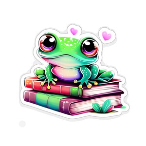 Fat Frog Sticker for Book Lover, Kawaii Frog on Books, Cottage Core ...