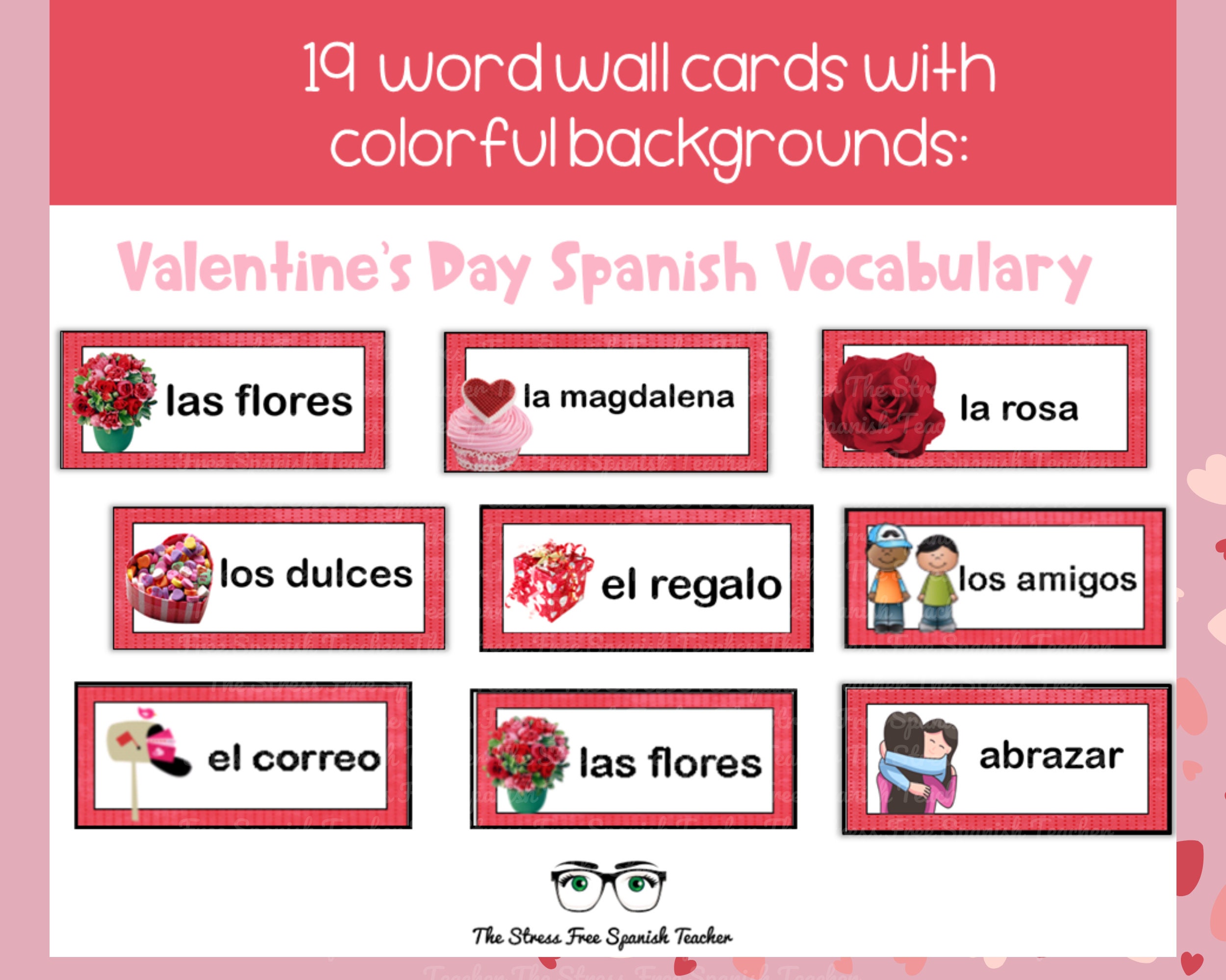 Spanish Vocabulary Cards, February Word Wall, Valentines Day Vocabulary ...