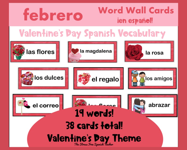 Spanish Vocabulary Cards, February Word Wall, Valentine’s Day ...