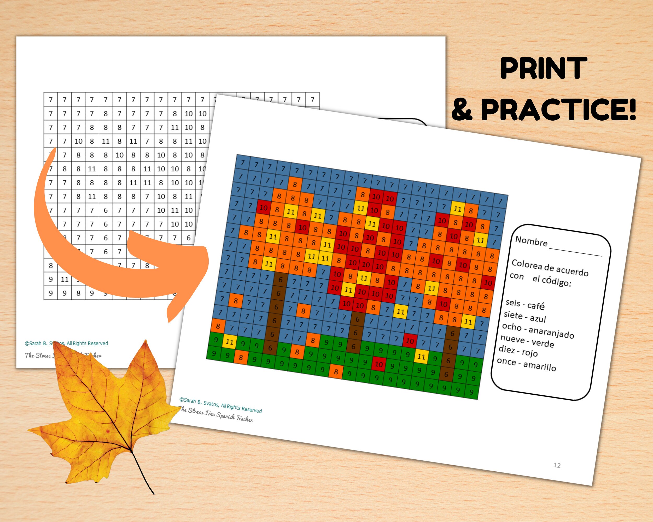 Spanish Colors and Numbers Practice, Color by Number Printable, Autumn ...