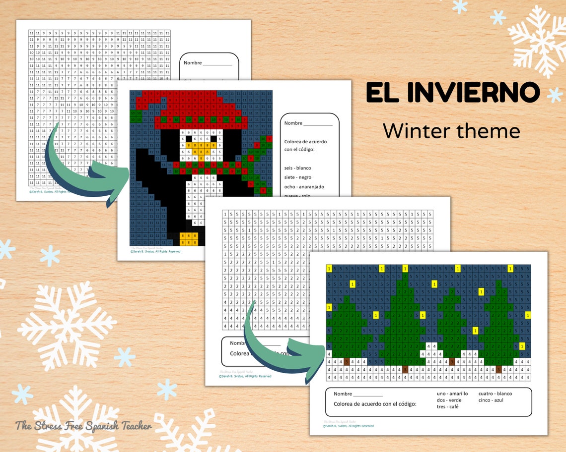 Spanish Colors and Numbers Practice, Color by Number Printable, WINTER ...