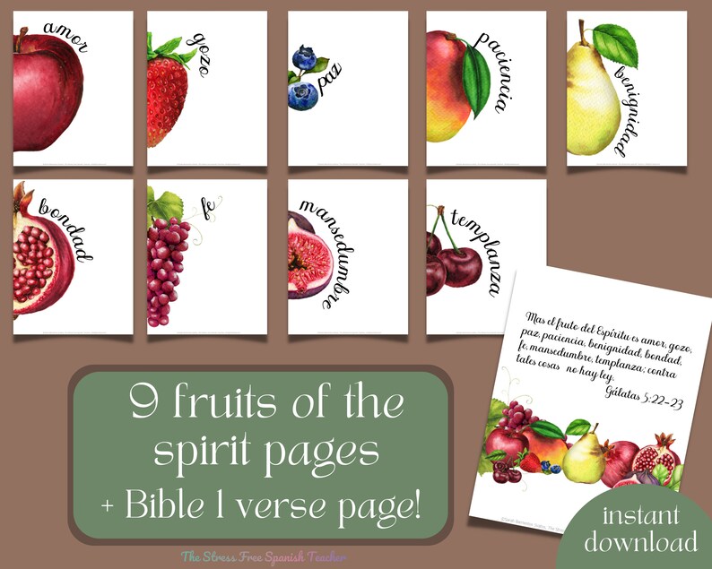 Spanish Fruits of the Spirit Posters, Printable Spanish Wall Art, Bible ...