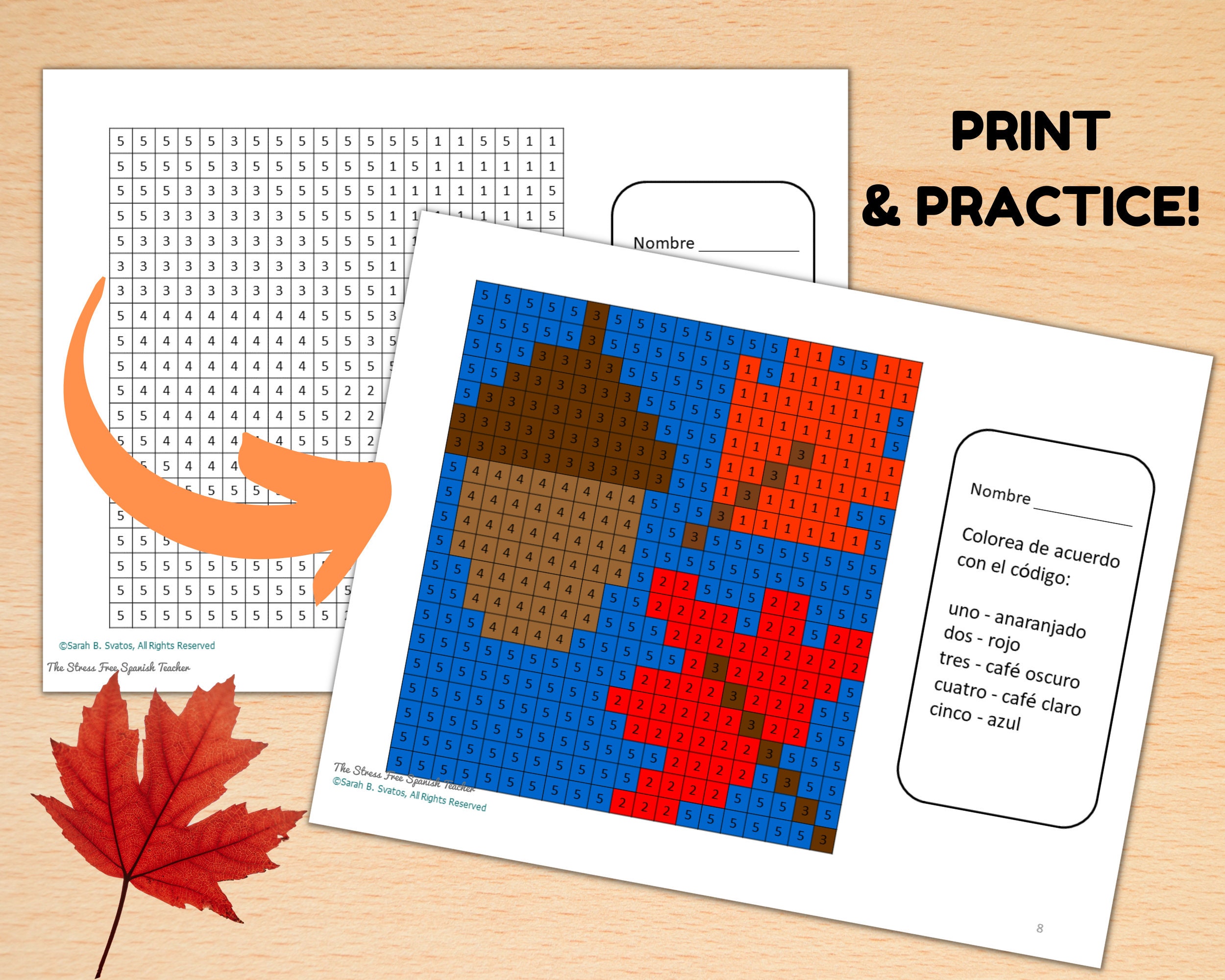 Spanish Colors and Numbers Practice, Color by Number Printable, Autumn ...