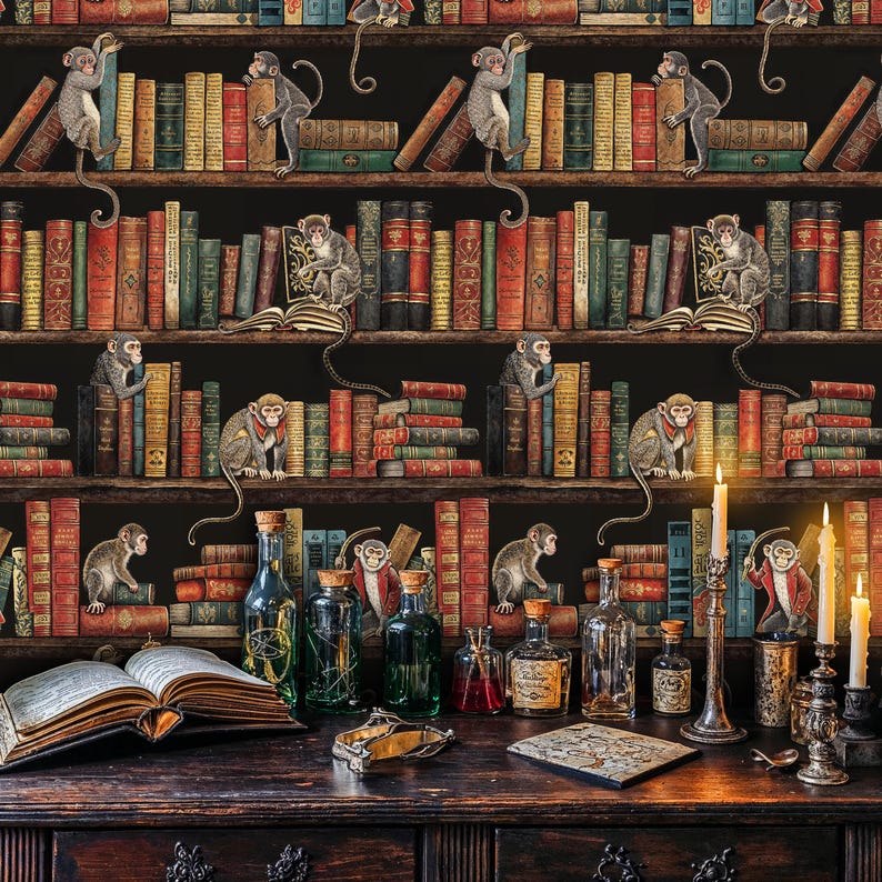 Monkey Bookshelf Mural: Gothic Library Peel and Stick Wallpaper - Etsy