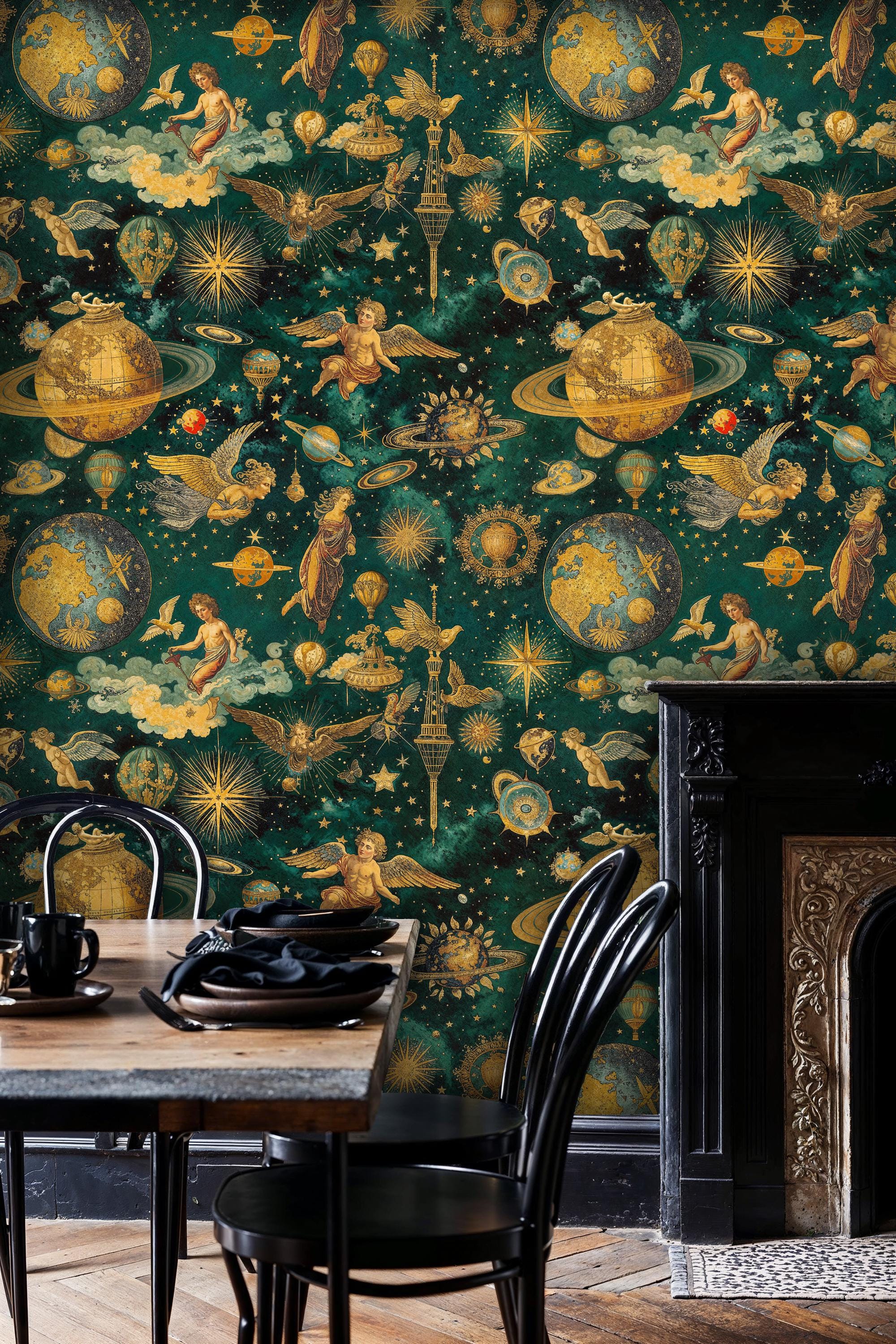 Dark Green Celestial Peel and Stick Wallpaper: Victorian Astronomy Wall ...