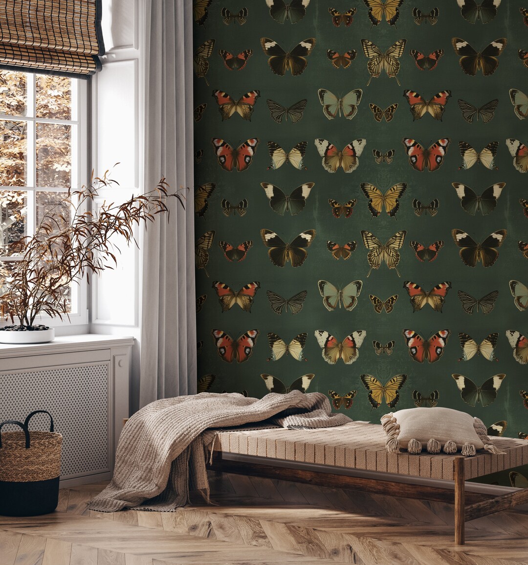 Dark Green Butterfly Wallpaper Peel and Stick, Dark Green Botanical ...