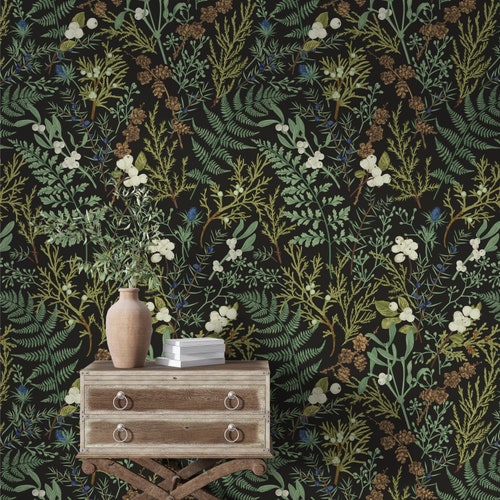 Vintage Dark Fern Botanical Wallpaper. Removable Wallpaper. - Etsy