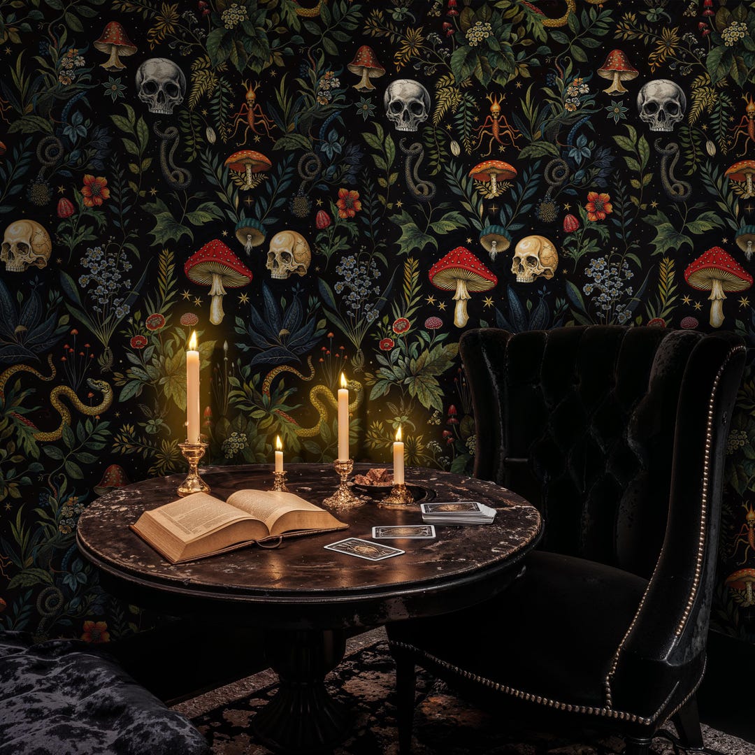 Dark Gothic Botanical Wallpaper: Skulls, Serpents, Mushrooms Peel and ...