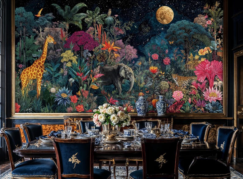 Exotic Night Jungle Mural: Starry Safari Peel and Stick Wallpaper - Etsy