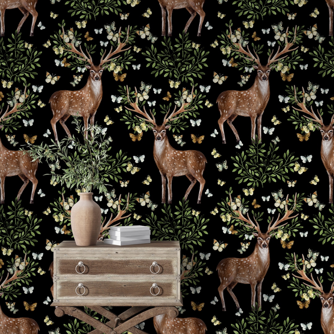 Dark Woodland Wallpaper: Watercolor Deer, Butterfly Mural (peel and ...