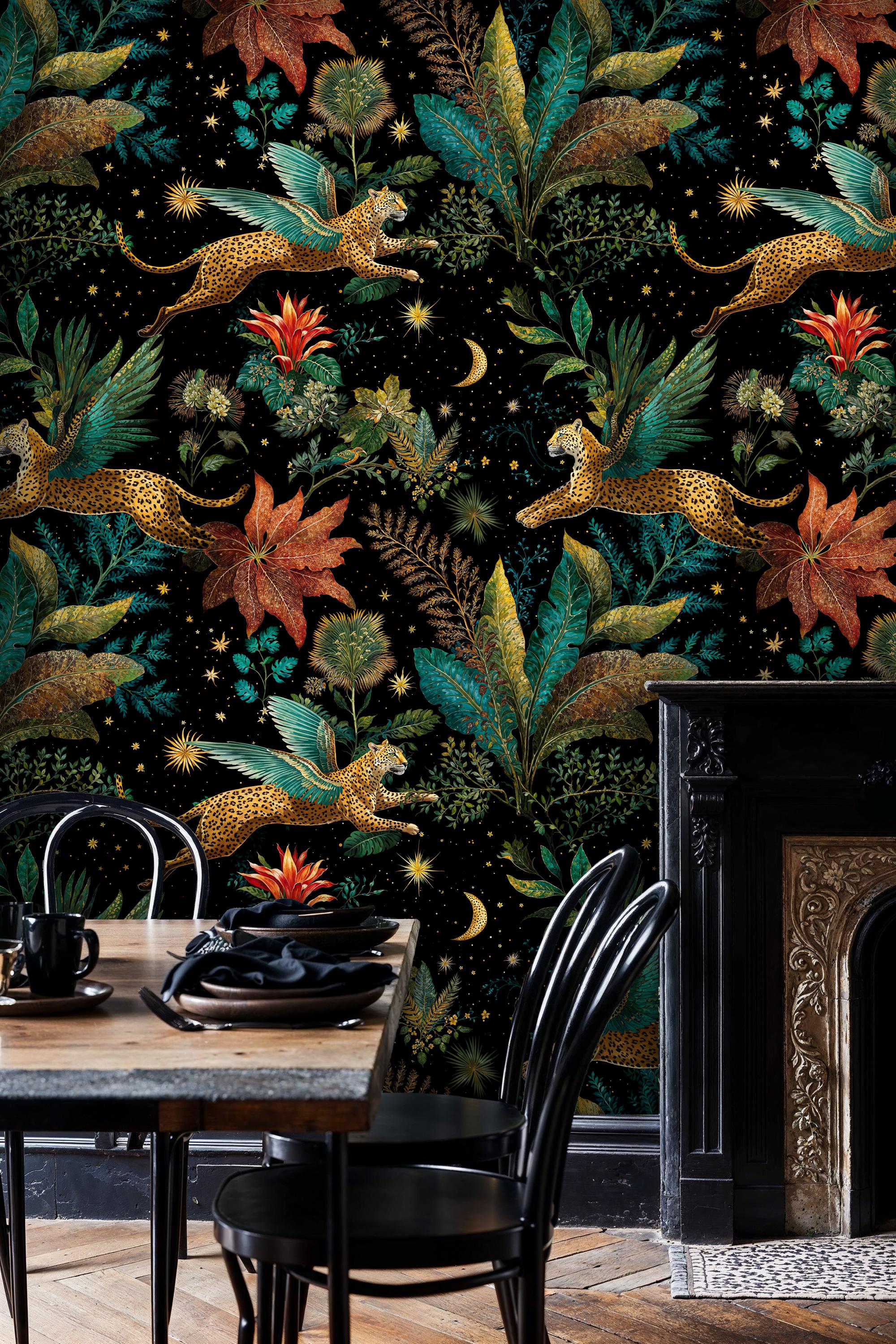Winged Leopard Jungle Wallpaper: Celestial Botanical Peel and Stick ...