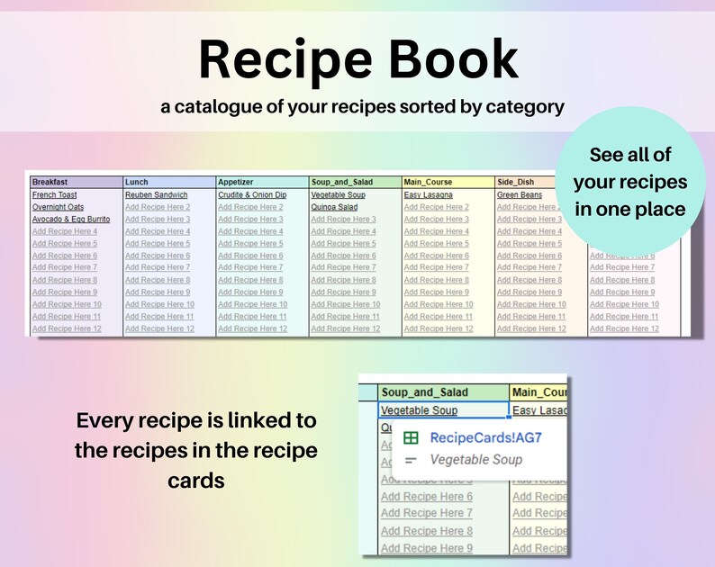 Weekly Meal Planner Spreadsheet Google Sheets Excel Recipe - Etsy