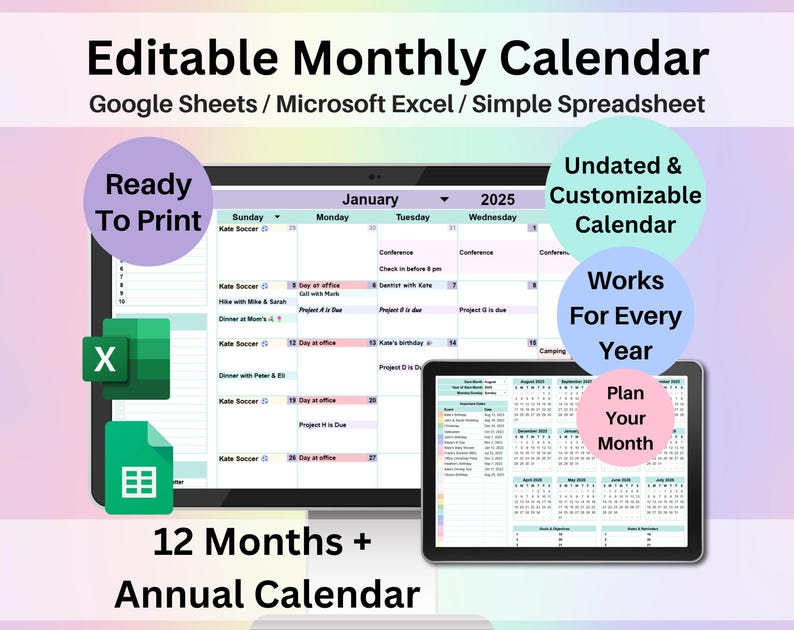 Editable Monthly Calendar Spreadsheet Google Sheets & Excel | Undated ...