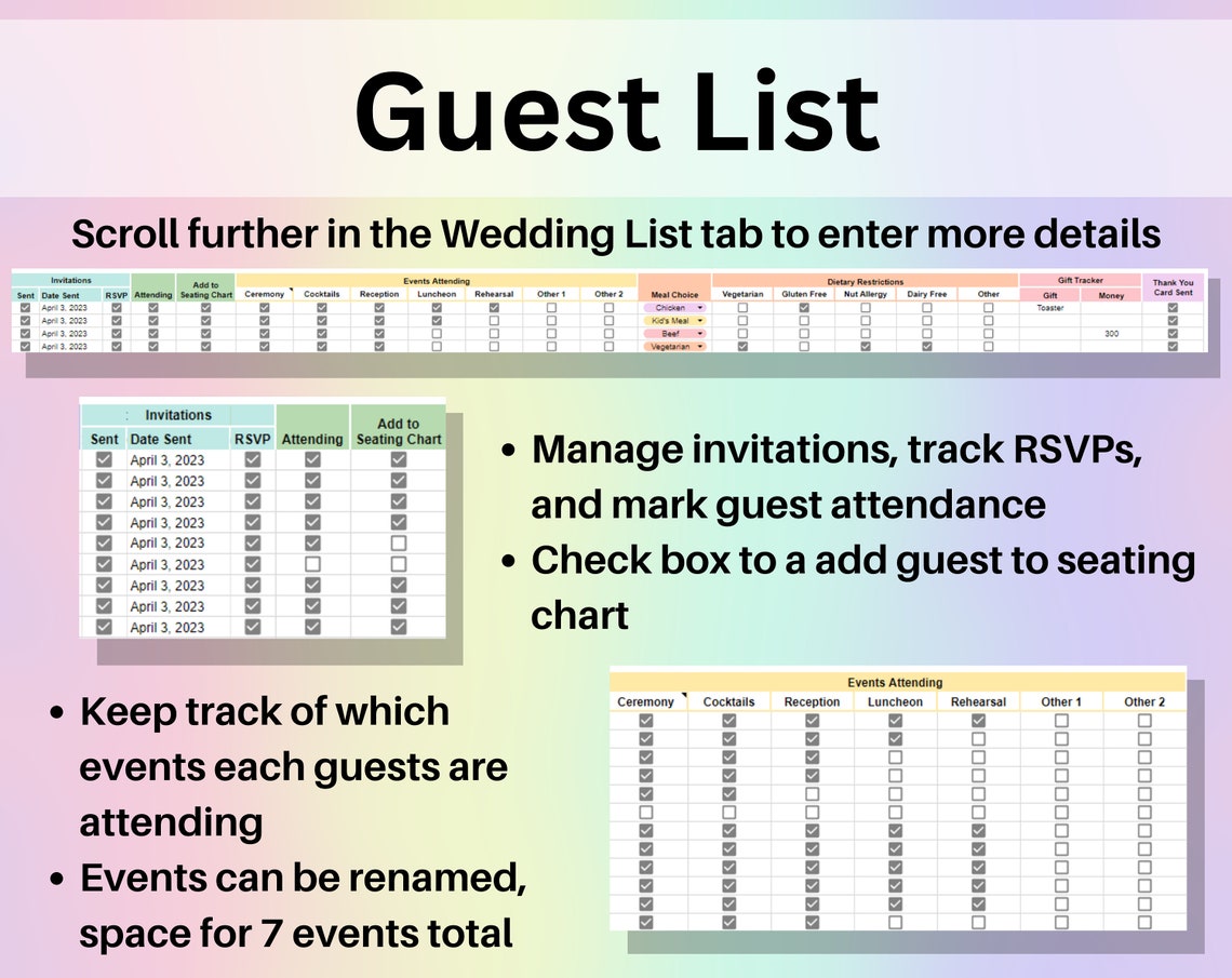 Wedding Guest List & Seating Chart Spreadsheet Google Sheets and Excel ...