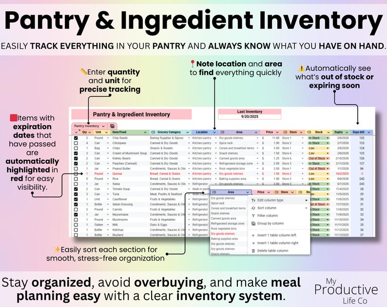 Pantry Inventory Spreadsheet Google Sheets & Excel | Food Storage ...