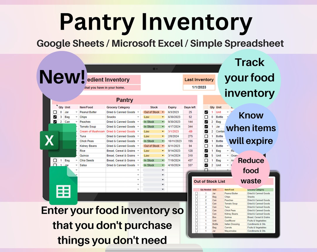 Pantry Inventory Spreadsheet Google Sheets & Excel | Food Storage Tracker, Freezer and Fridge ...