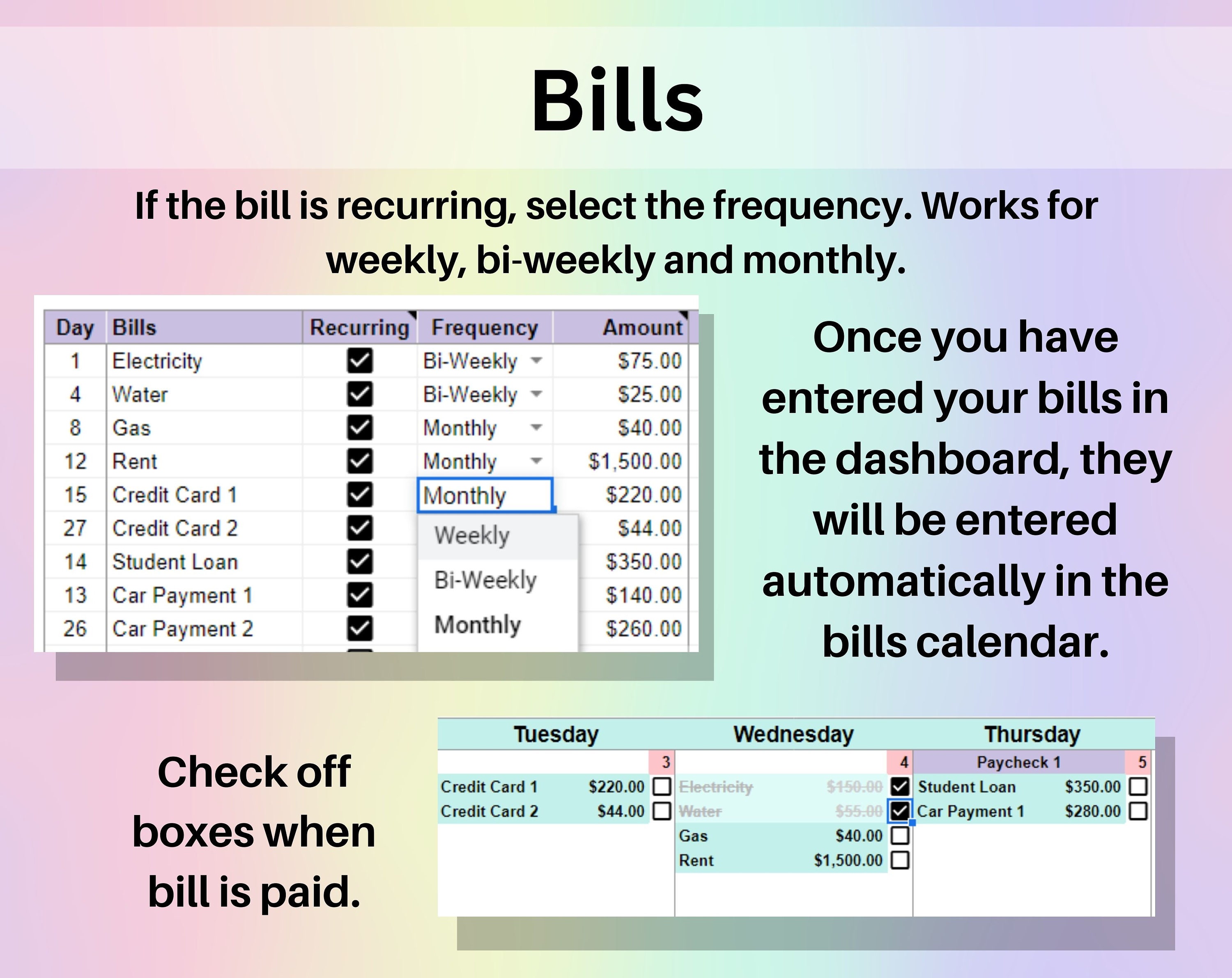 Bill Calendar Spreadsheet Google Sheets & Excel | Payment Due Date ...