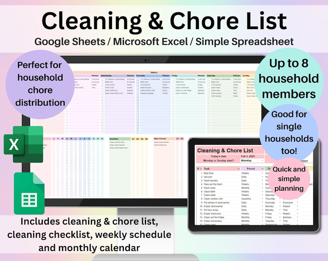 Cleaning & Chore List Spreadsheet Google Sheets Excel - Etsy