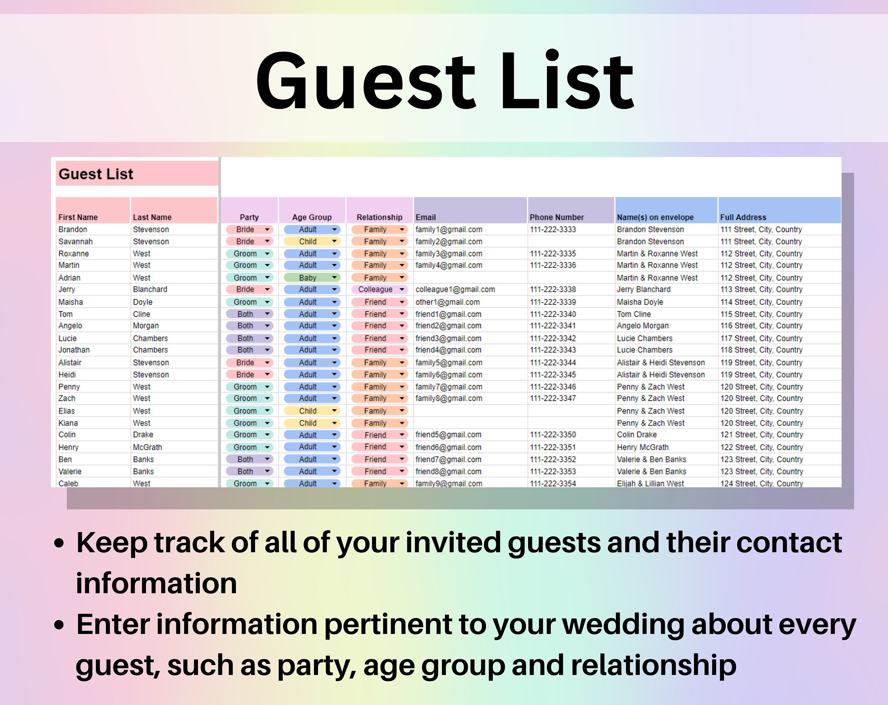 Wedding Guest List & Seating Chart Spreadsheet Google Sheets and Excel ...