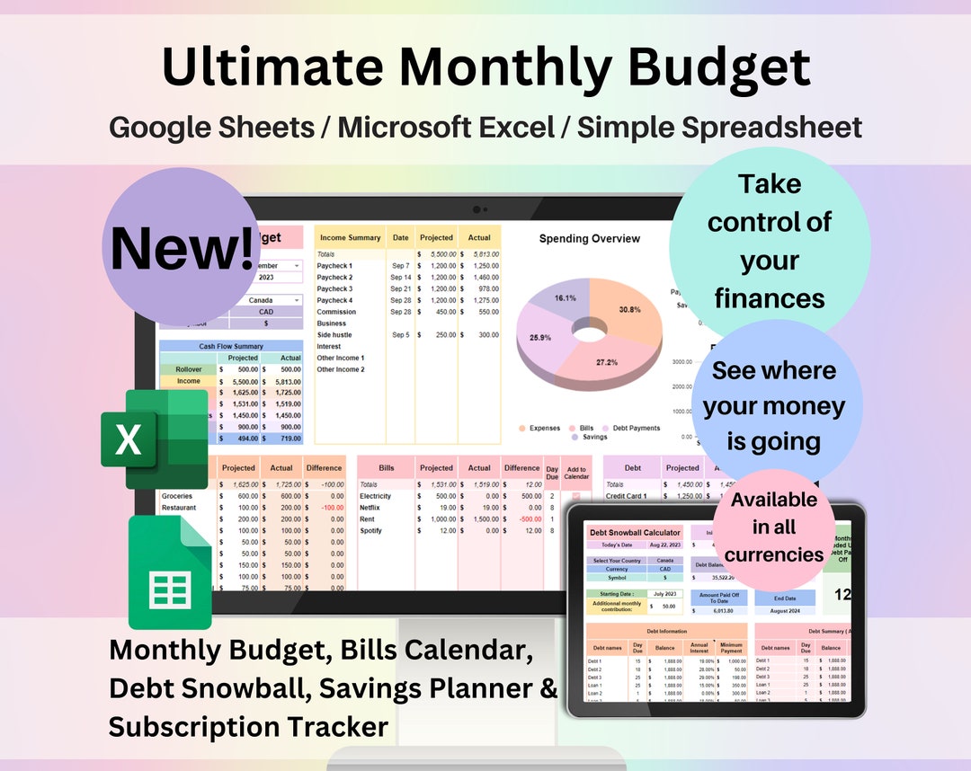 Ultimate Monthly Budget Spreadsheet Google Sheets Excel Template ...
