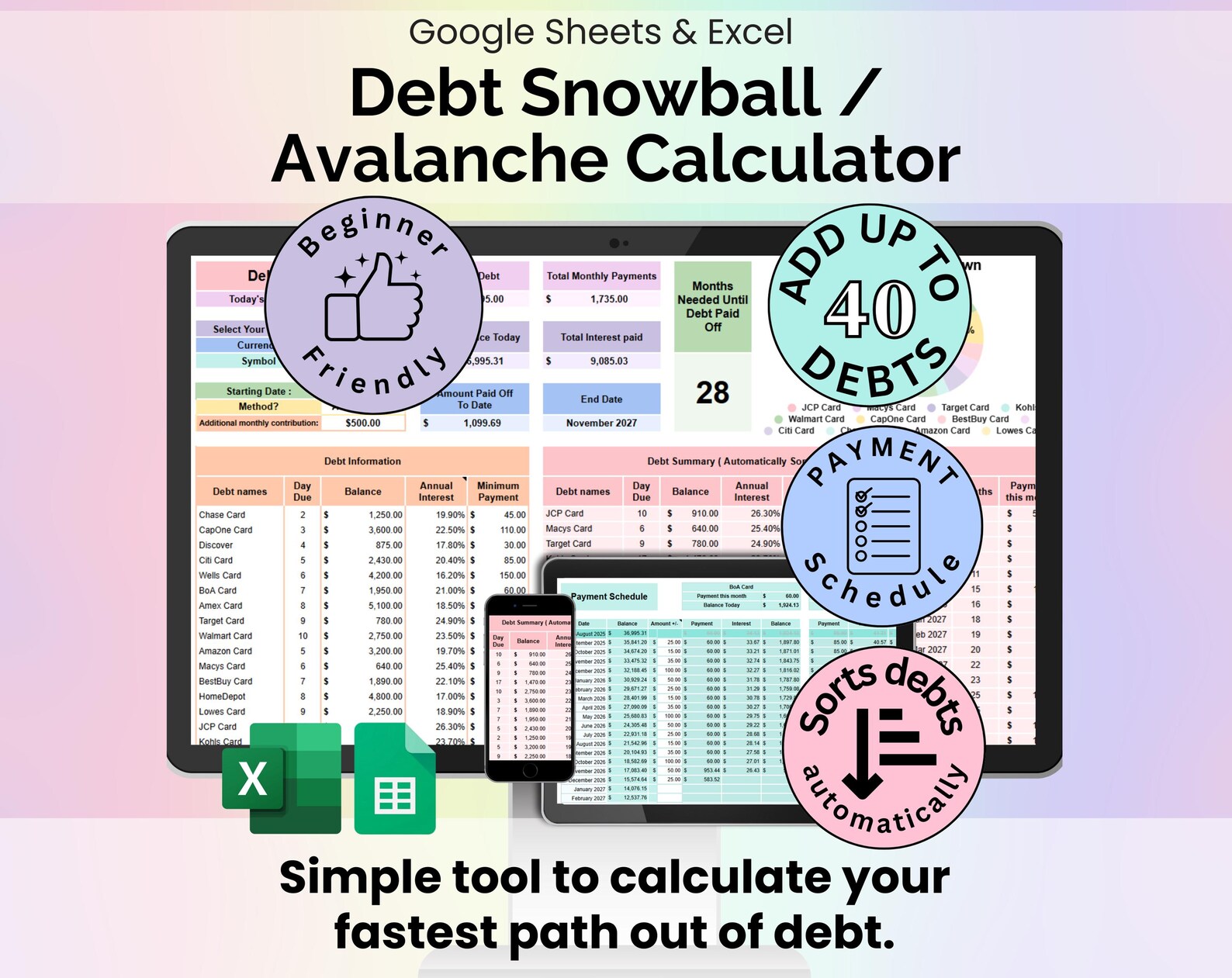Debt Snowball / Avalanche Calculator Spreadsheet Google Sheets ...