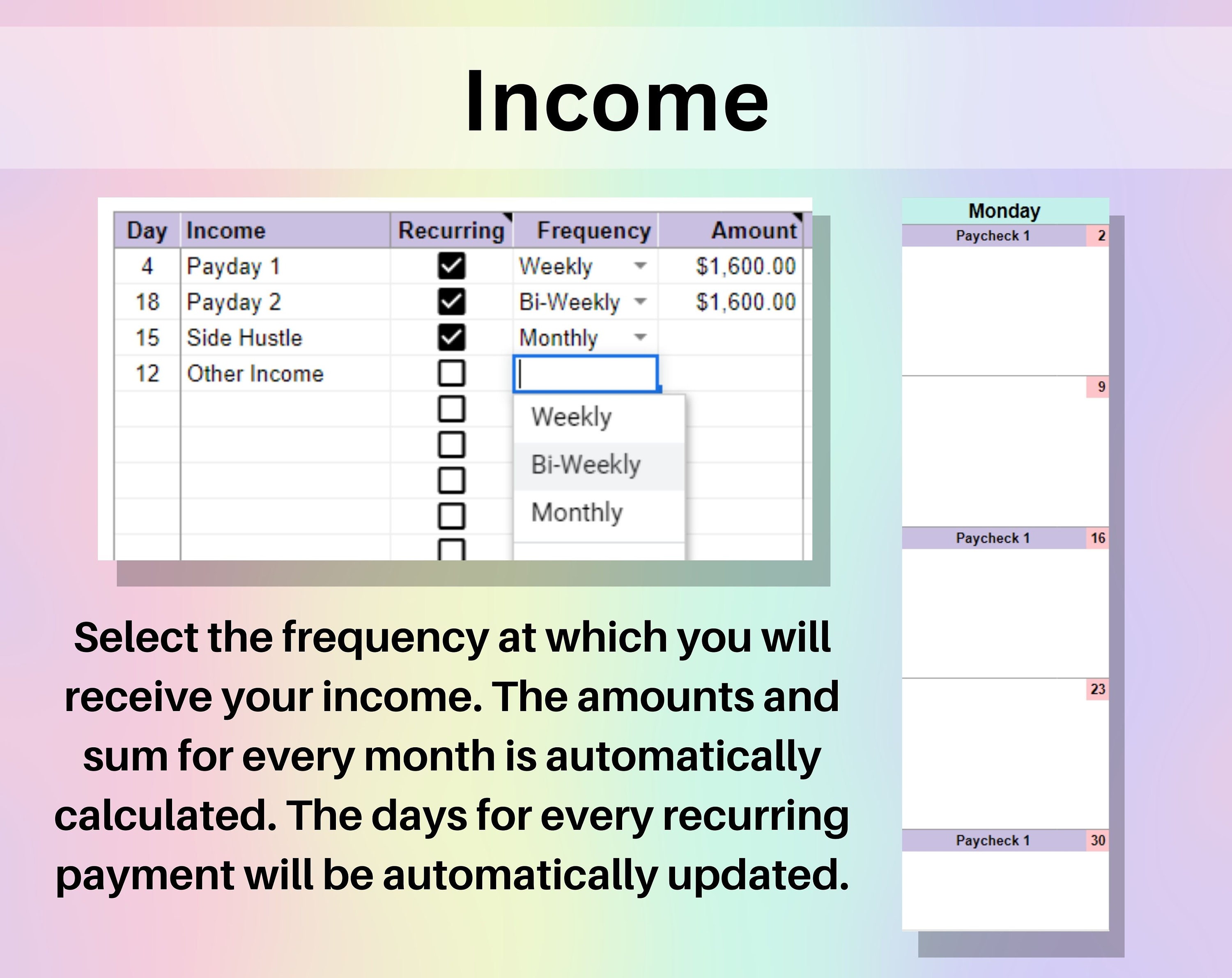Bill Calendar Spreadsheet Google Sheets & Excel | Payment Due Date ...