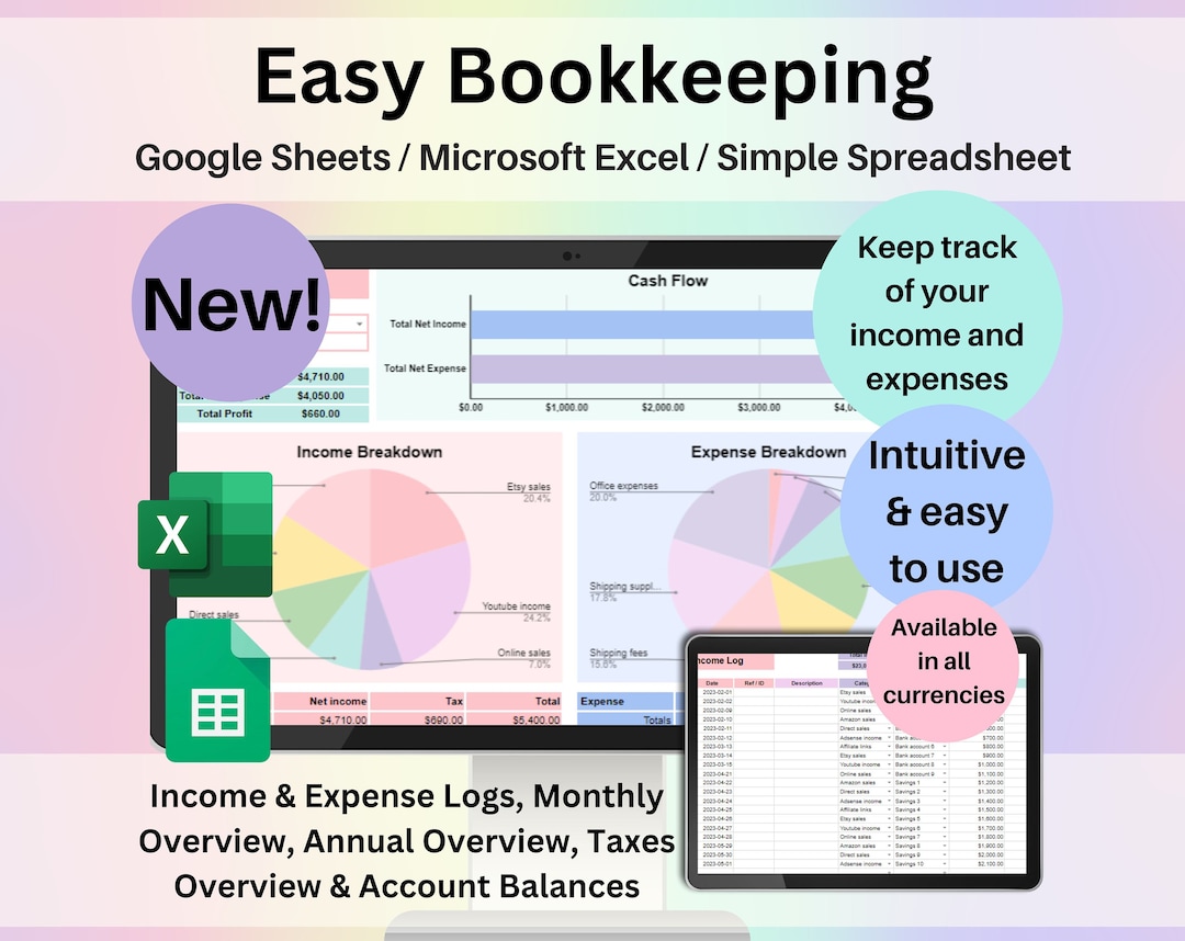 Small Business Bookkeeping Spreadsheet Google Sheets & Excel | Income ...