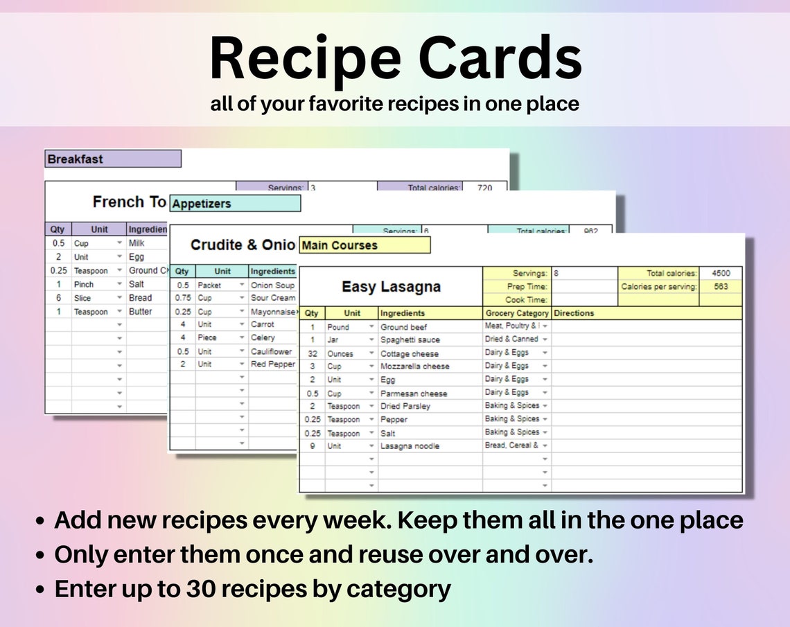 Weekly Meal Planner Spreadsheet Google Sheets Recipe Builder Etsy