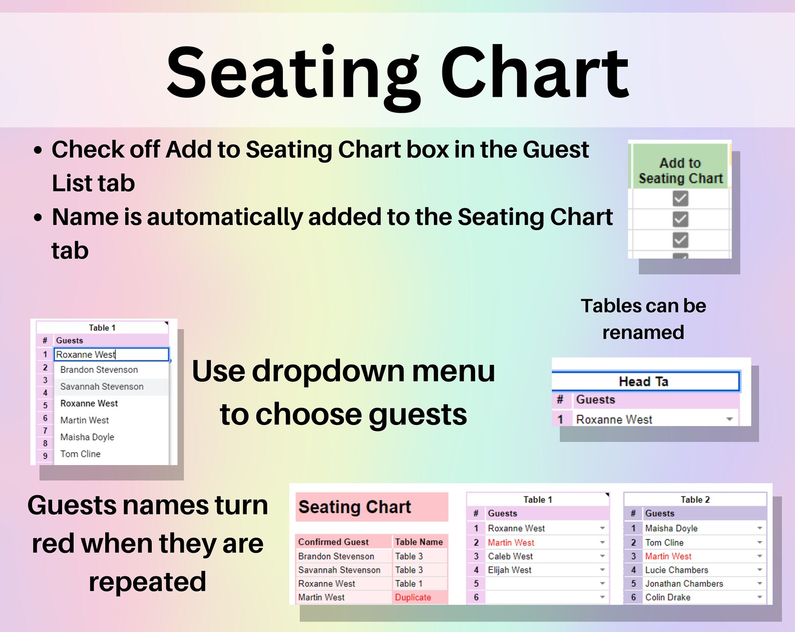 Wedding Guest List & Seating Chart Spreadsheet Google Sheets and Excel ...