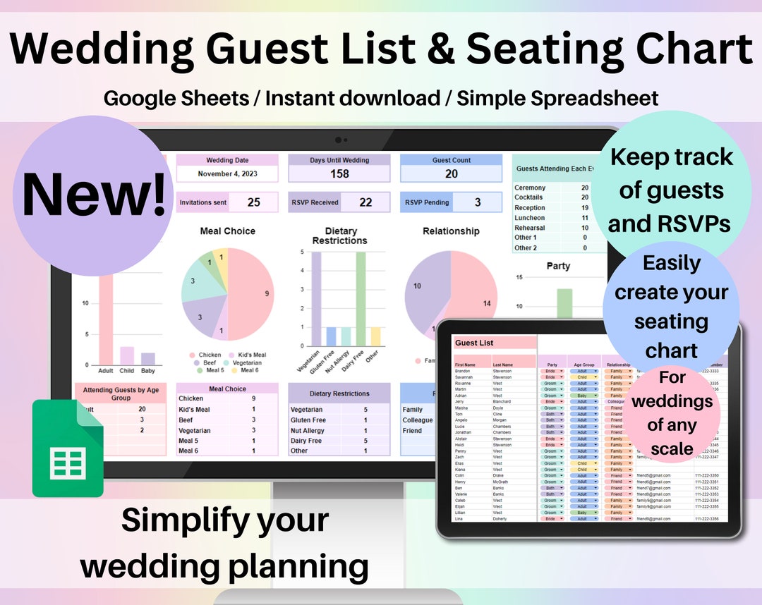 Wedding Guest List & Seating Chart Spreadsheet Google Sheets - Etsy
