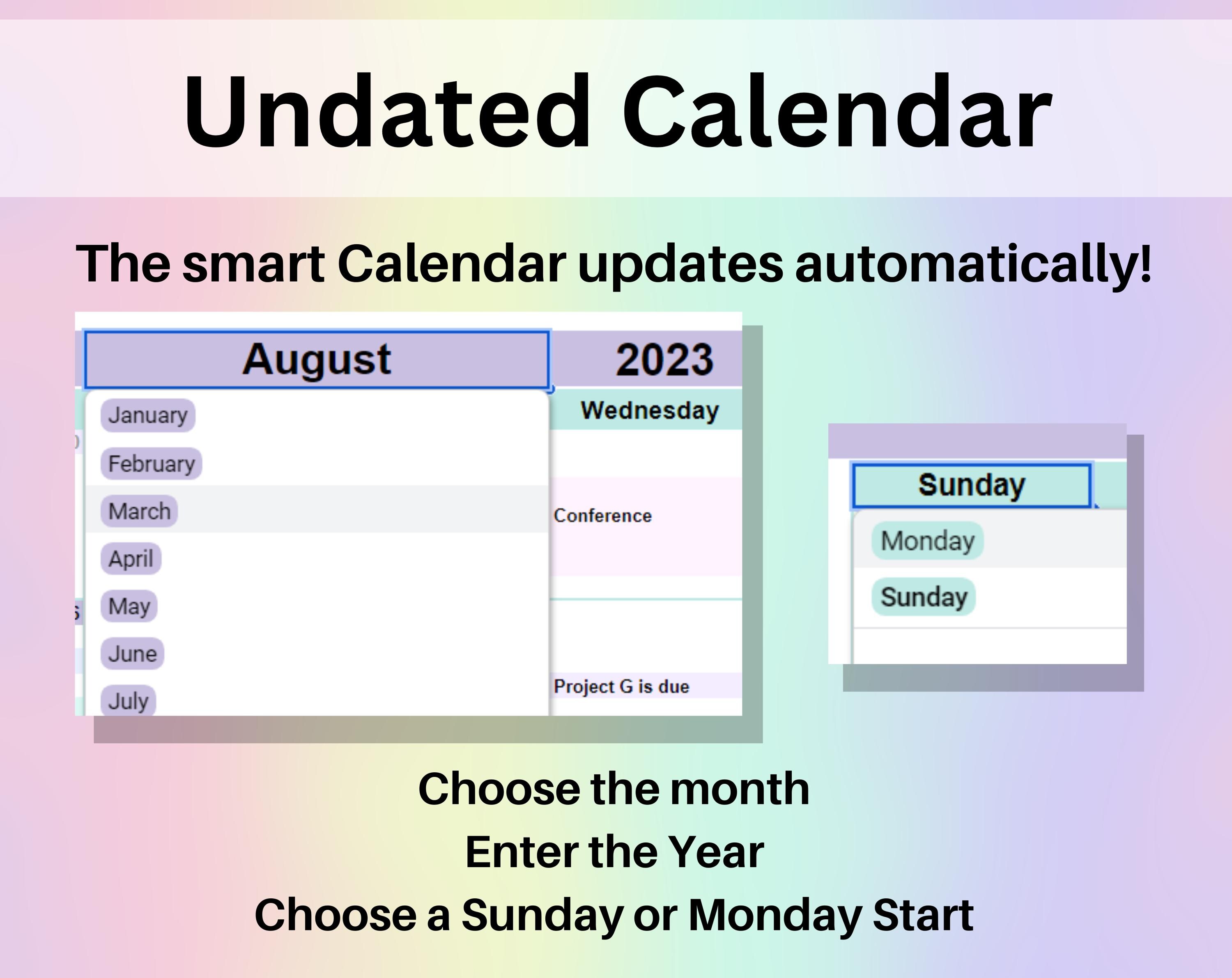 Editable Monthly Calendar Spreadsheet Google Sheets & Excel | Undated ...