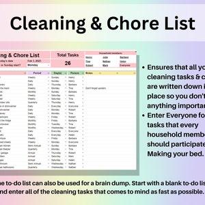 Cleaning & Chore List Spreadsheet Google Sheets and Excel | Household ...