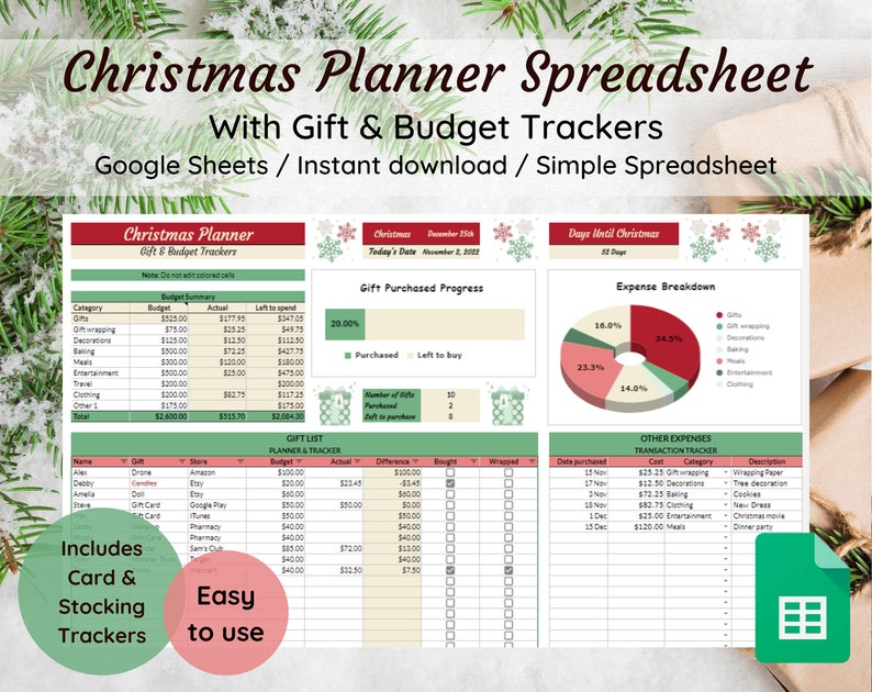 Christmas Planner Budget Spreadsheet Google Sheets Template - Etsy