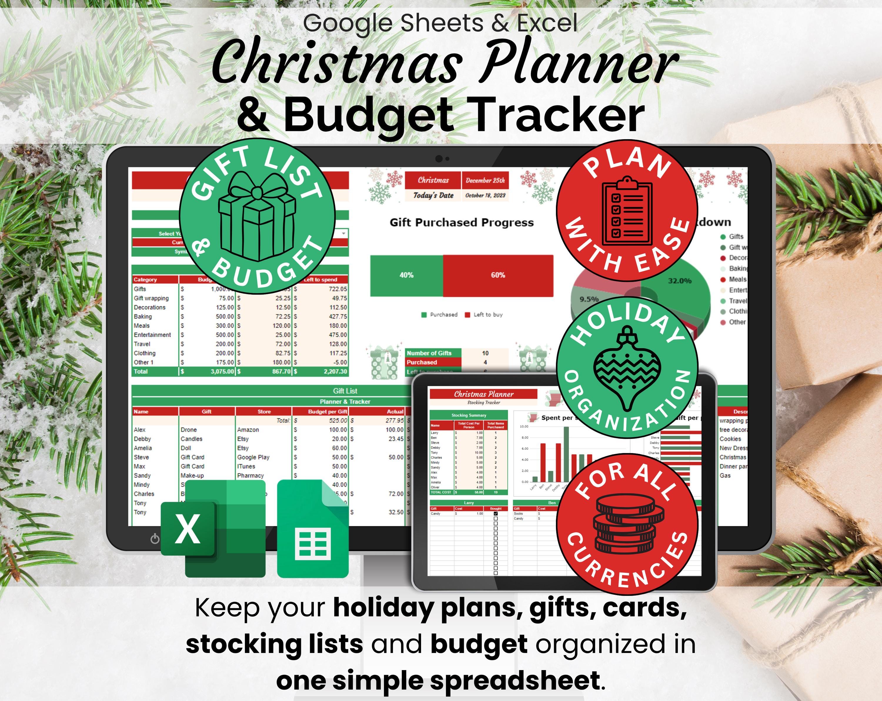 Christmas Planner & Budget Spreadsheet Google Sheets Excel Template ...