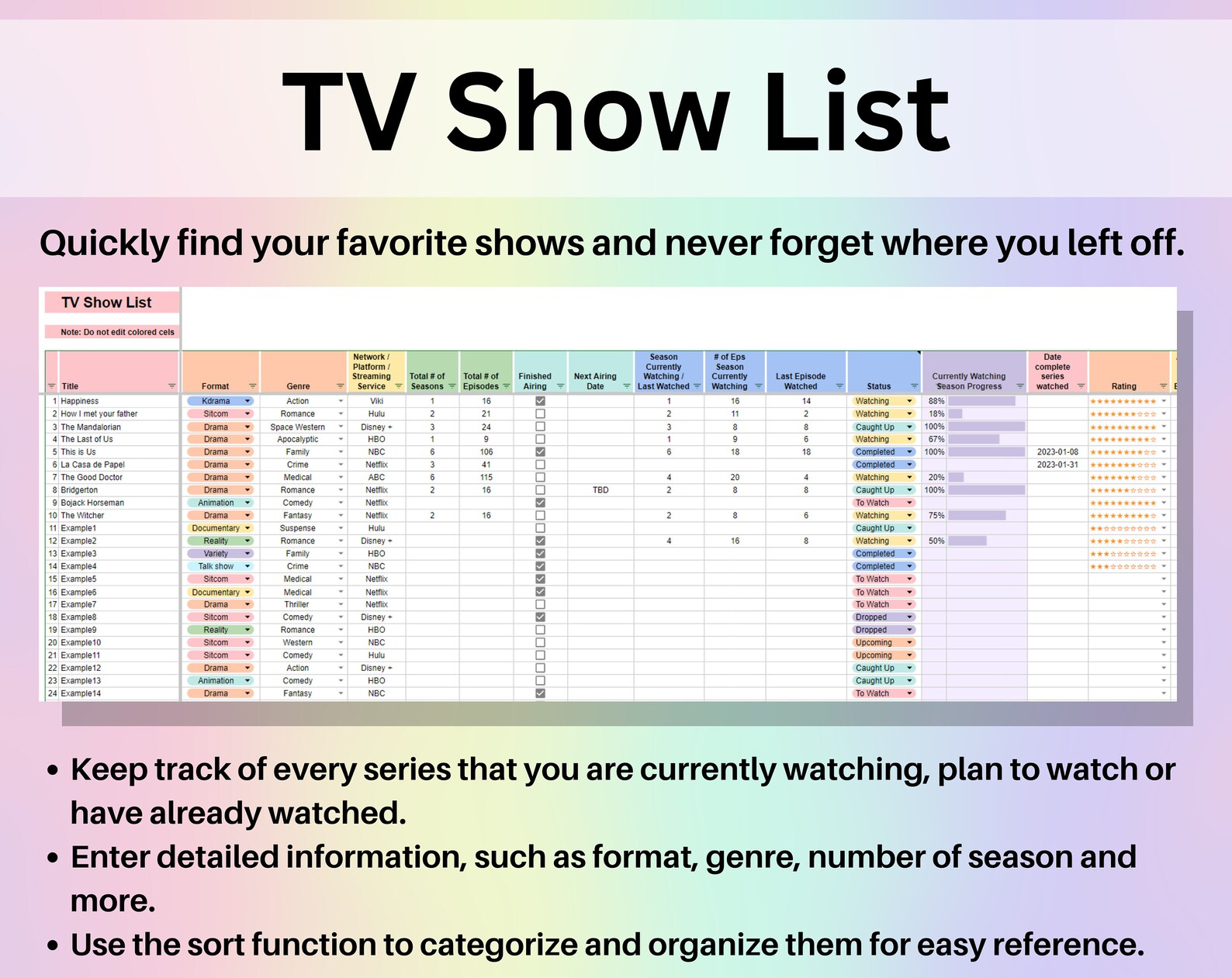 TV Show Tracker Spreadsheet Google Sheets Television Series - Etsy Canada