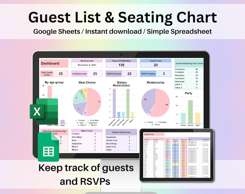 Wedding Guest List & Seating Chart Spreadsheet Google Sheets and Excel ...