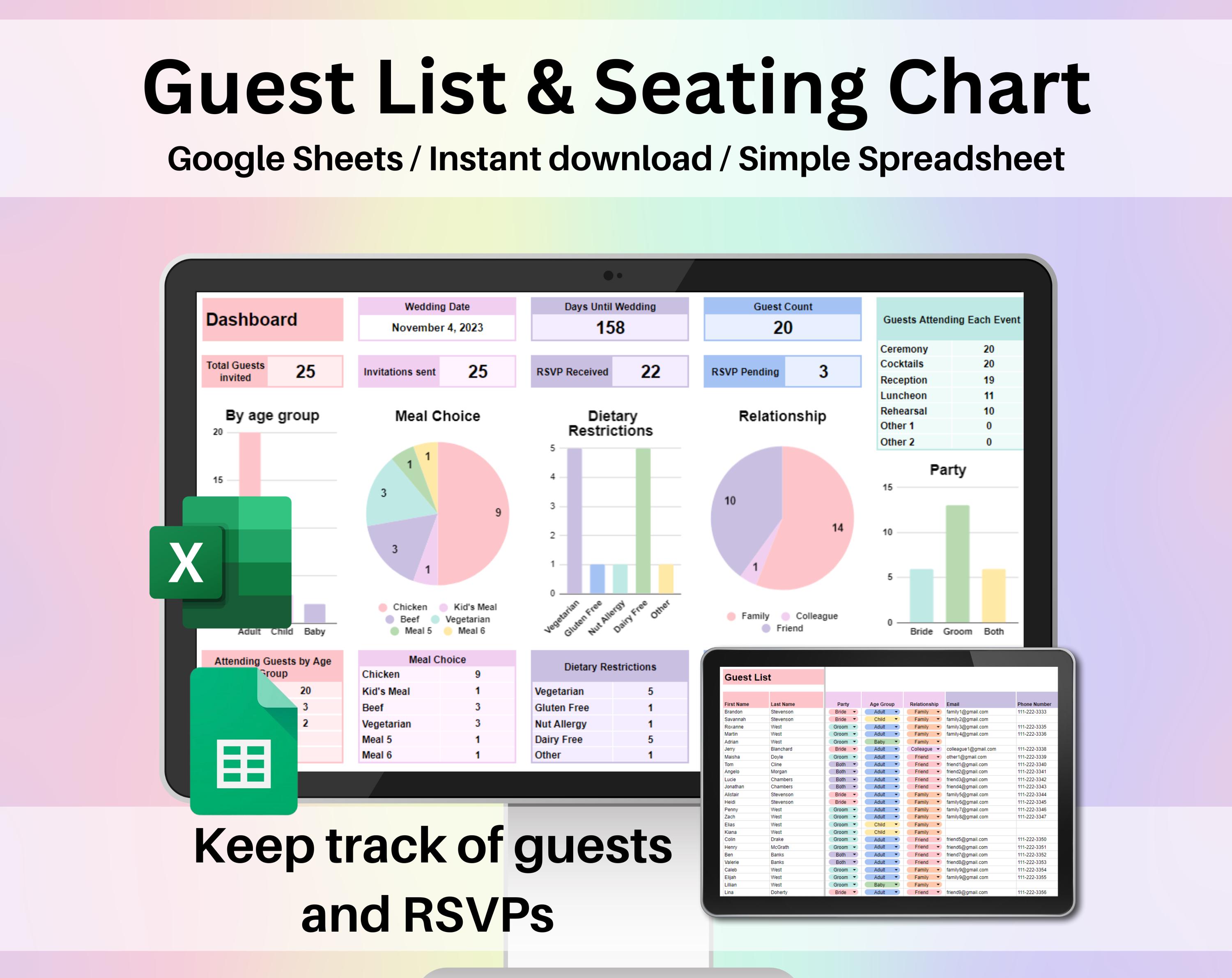Wedding Guest List & Seating Chart Spreadsheet Google Sheets and Excel ...