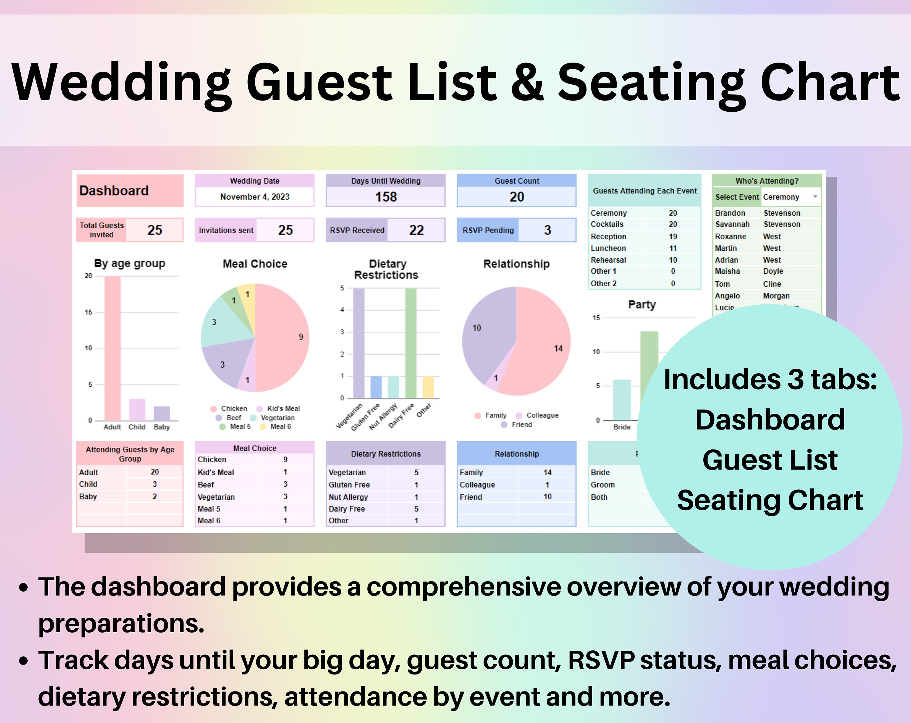 Wedding Guest List & Seating Chart Spreadsheet Google Sheets and Excel ...