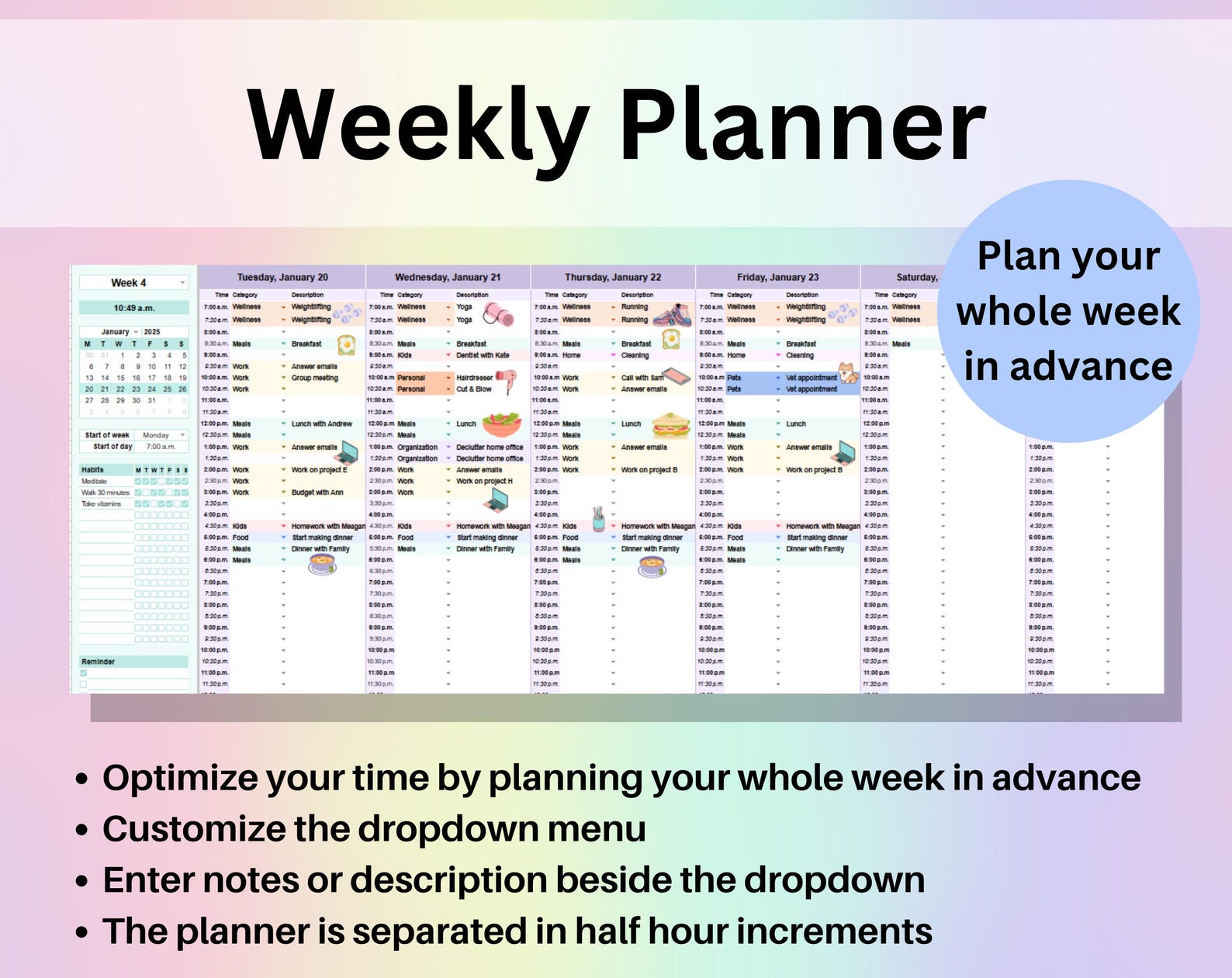 Editable Planner Spreadsheet Google Sheets & Excel | Daily, Weekly ...