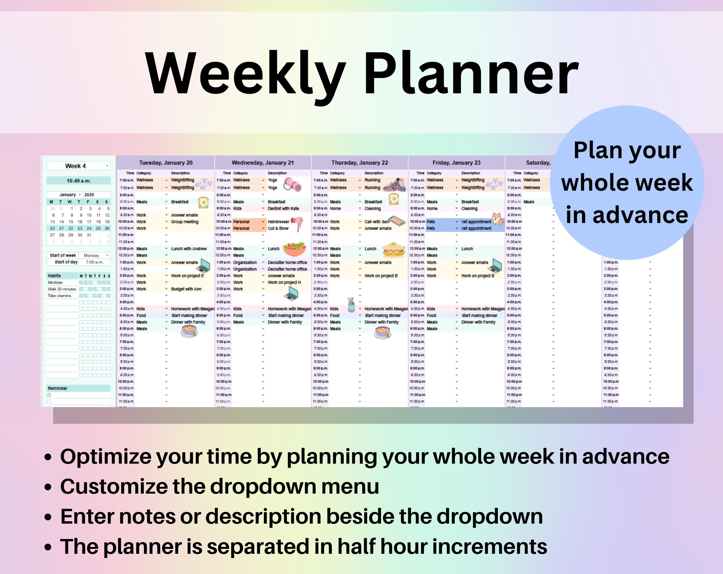 Editable Planner Spreadsheet Google Sheets & Excel | Daily, Weekly ...
