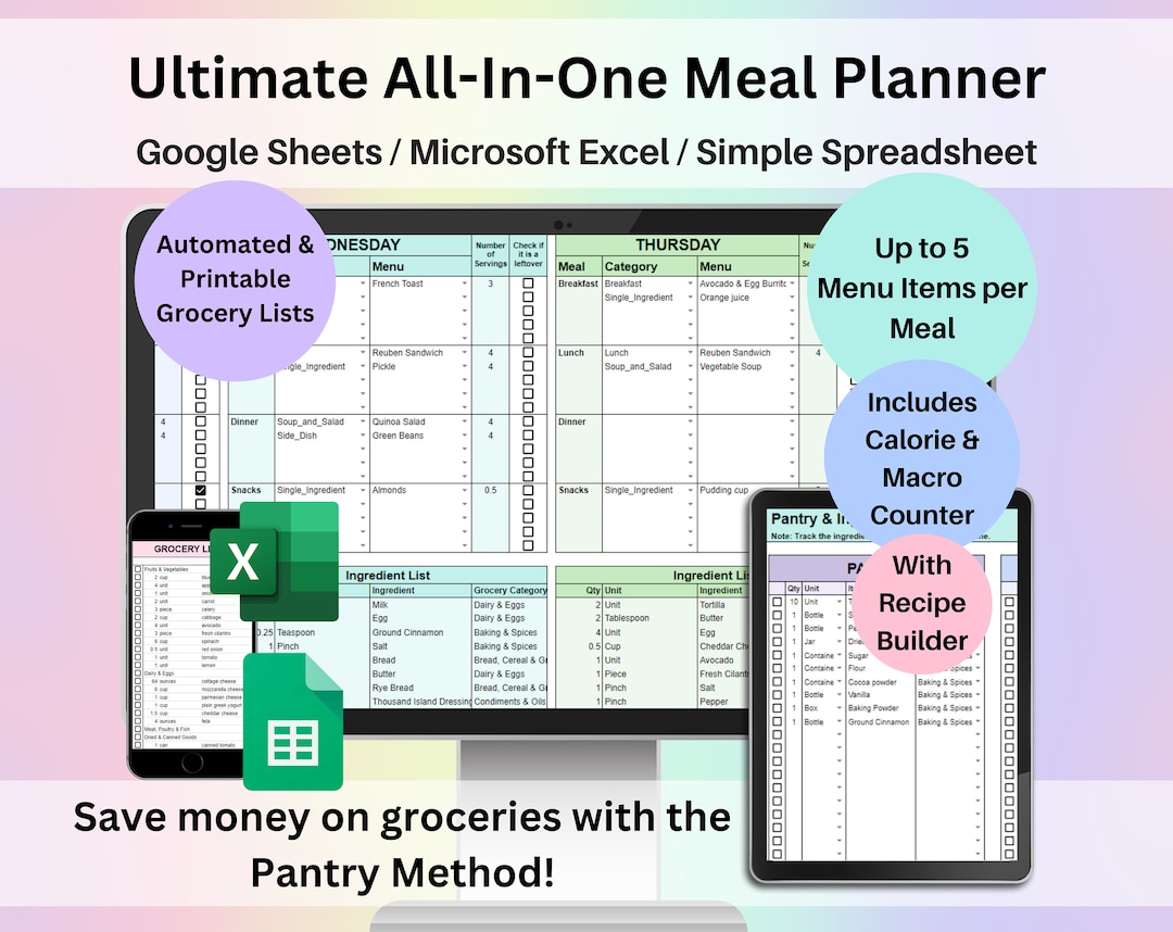 Weekly Meal Planner Spreadsheet Google Sheets Excel Recipe Builder ...