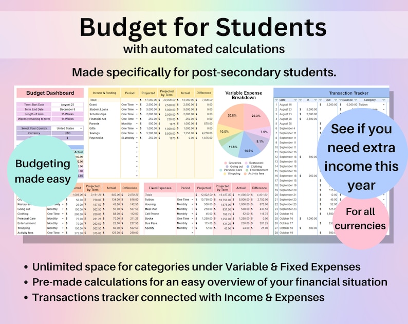 Student Budget Spreadsheet Google Sheets & Excel | College Budget ...
