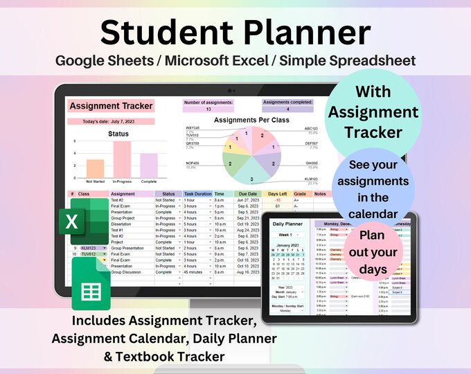 Assignment Tracker Student Homework Planner Google Sheets Excel 2024 ...