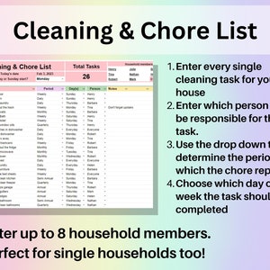 Cleaning & Chore List Spreadsheet Google Sheets and Excel | Household ...
