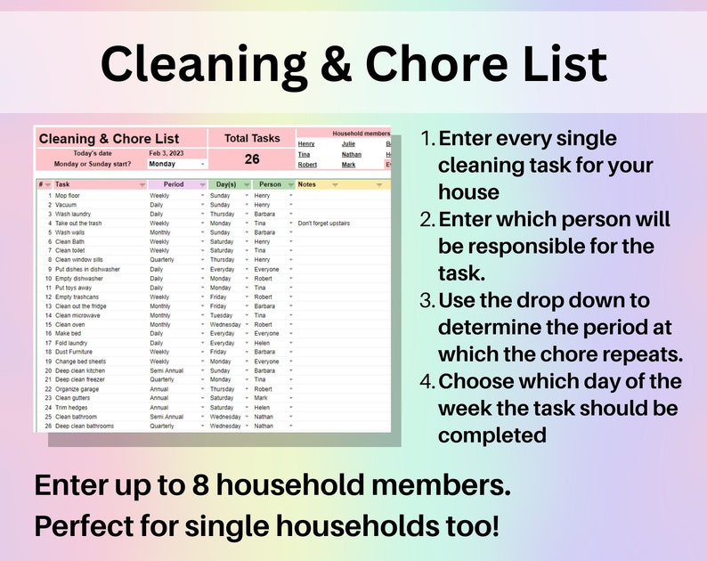 Cleaning & Chore List Spreadsheet Google Sheets Excel - Etsy