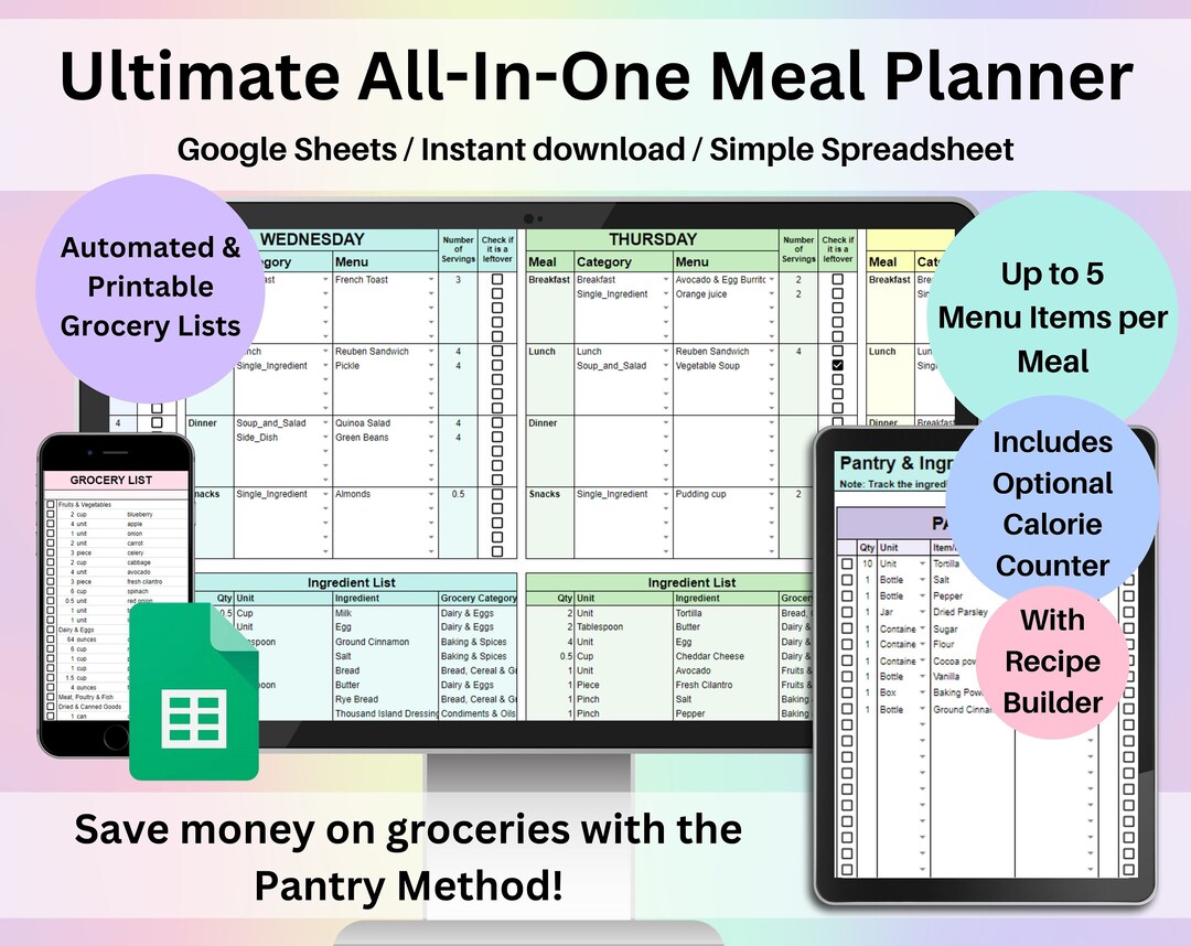 Weekly Meal Planner Spreadsheet Google Sheets Recipe Builder - Etsy