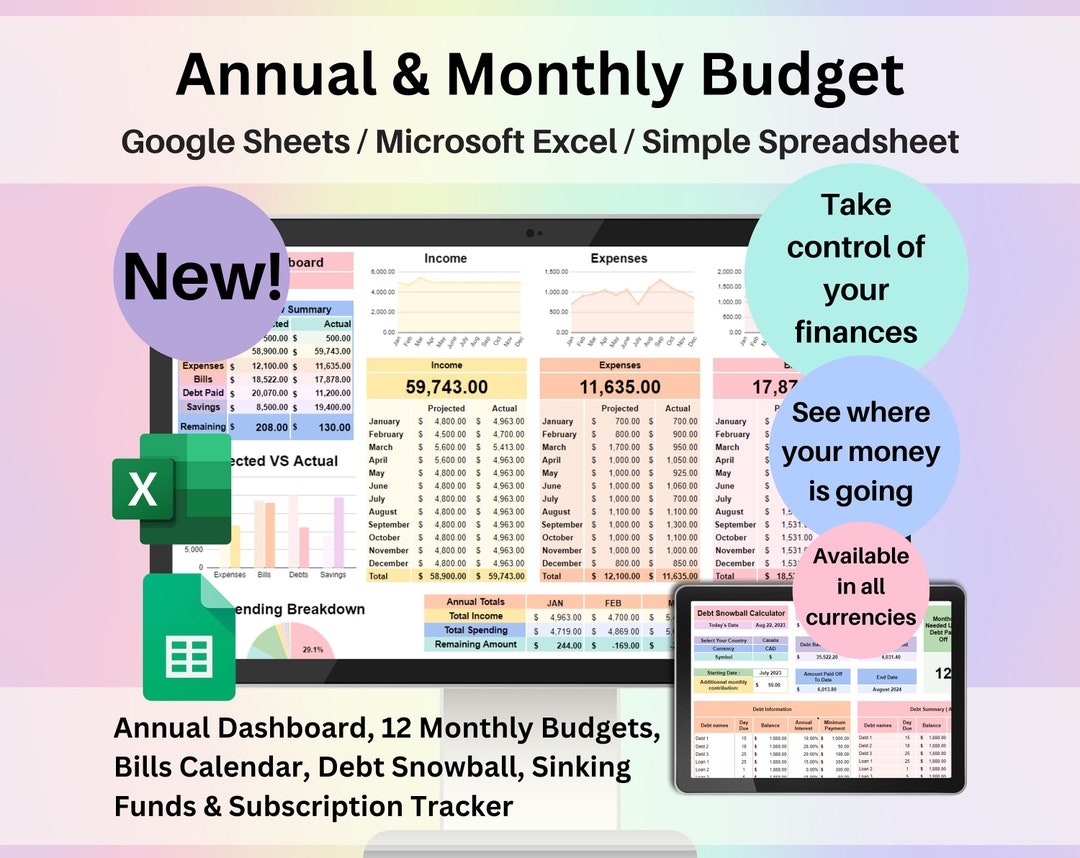 Annual & Monthly Budget Spreadsheet Google Sheets Excel Template ...