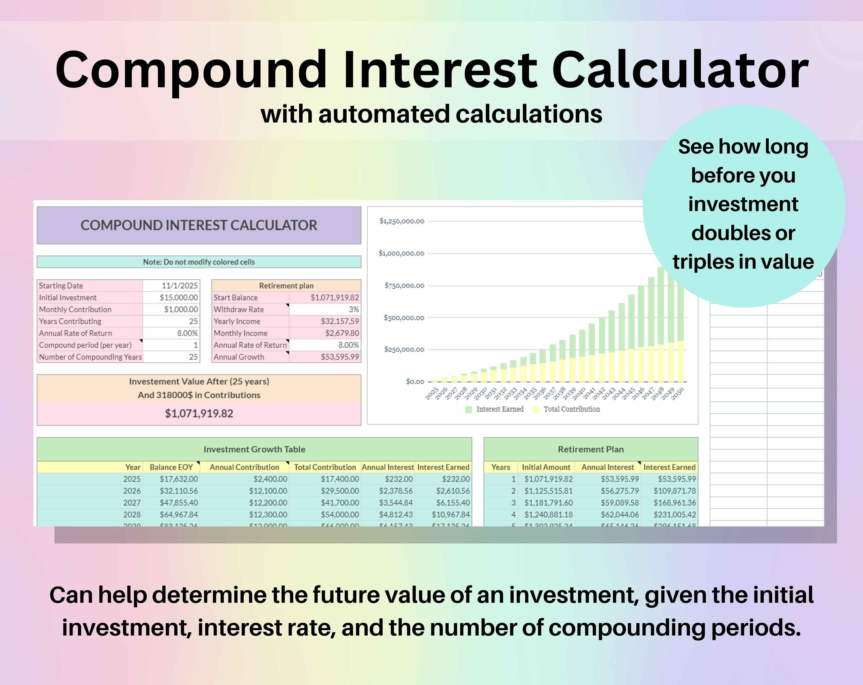 Compound Interest Calculator Spreadsheet Rainbow Google - Etsy