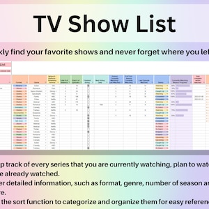TV Show Tracker Spreadsheet Google Sheets & Excel | Episode Log, Series ...
